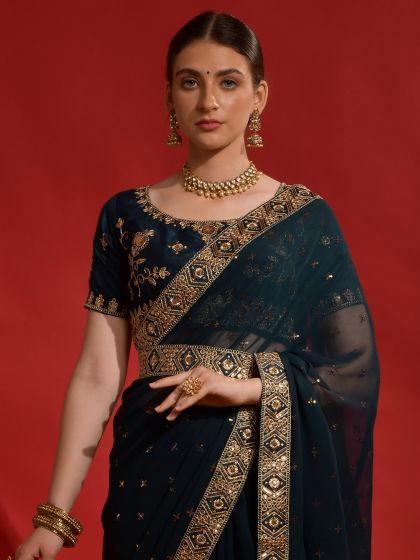 Blue Festive Sari With Embroidered Borders