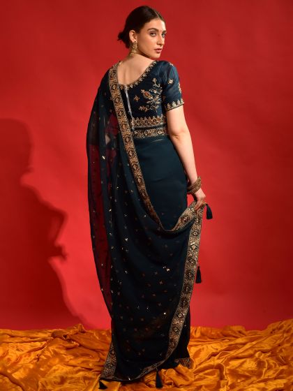 Blue Festive Sari With Embroidered Borders