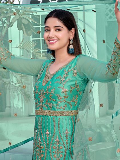 Green Embroidered Net Salwar Kameez