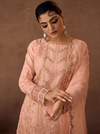 Peach Embroidered Salwar Kameez In Organza