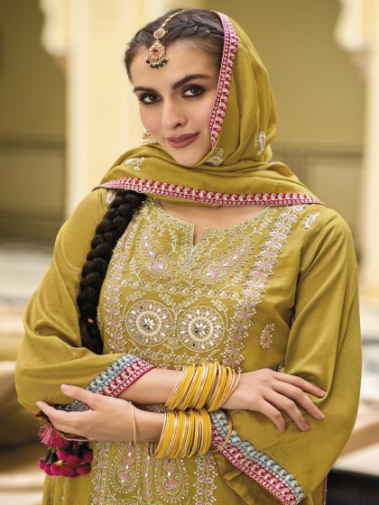 Olive Green Silk Salwar Suit In Stone Work