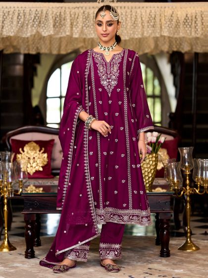 Wine Pakistani Style Readymade Salwar Kameez