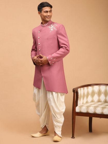 Pink Silk Asymmetric Sherwani With Dhoti